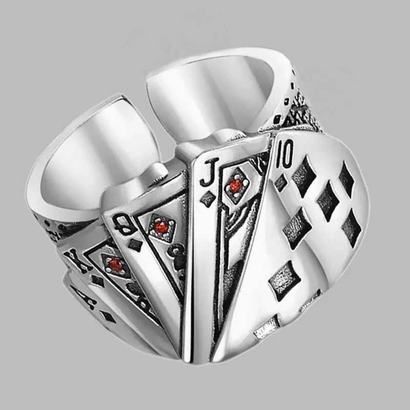 Vintage Poker Cards Ring Player Chrome Silver Solitaire King Queen ...